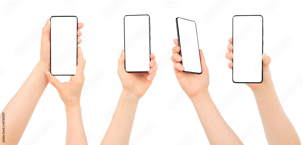 Set of Woman hands using smartphone with blank screen, isolated on ...