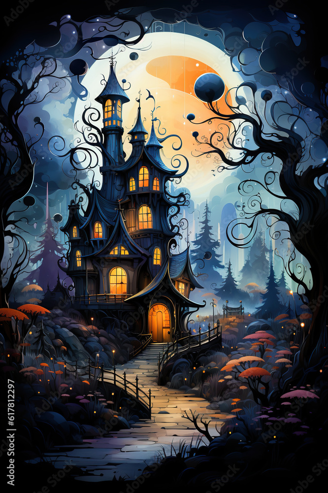 A spooky house in a spooky forest with a full moon in the background ...