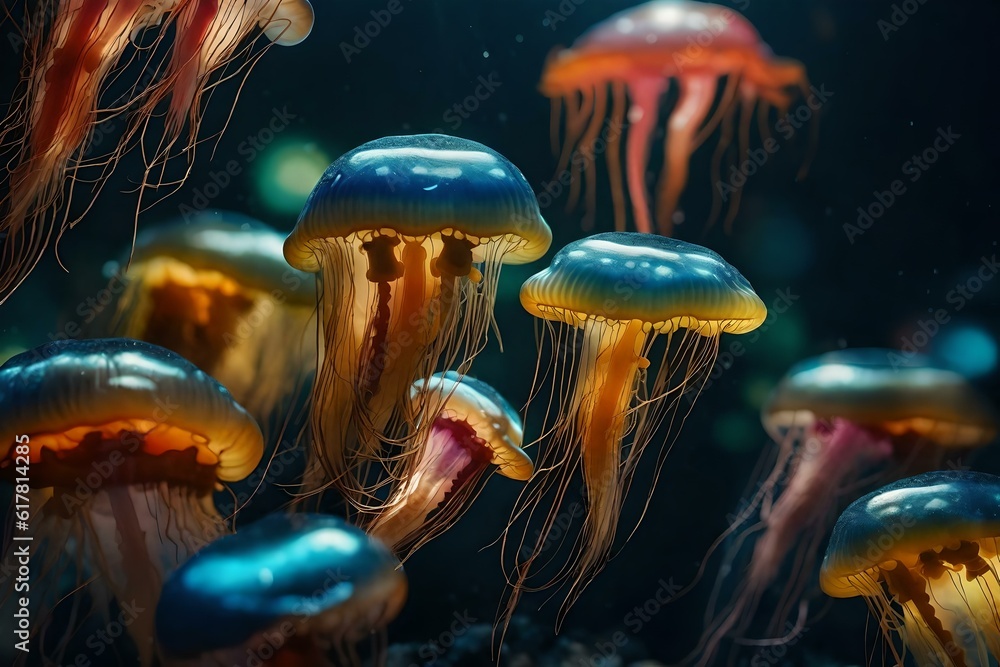 Jellyfish deep under the water, vibrant colors, hyper-realistic, photo ...