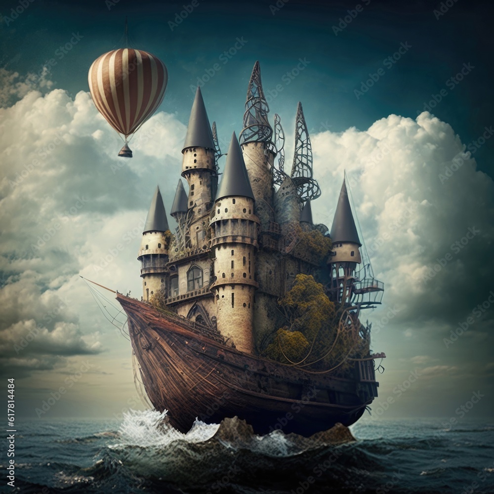 The Floating People. Fairytale city built on fantastic ship in the open ...