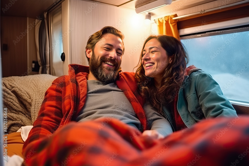 Generative AI illustration of happy loving couple lying on bed inside ...