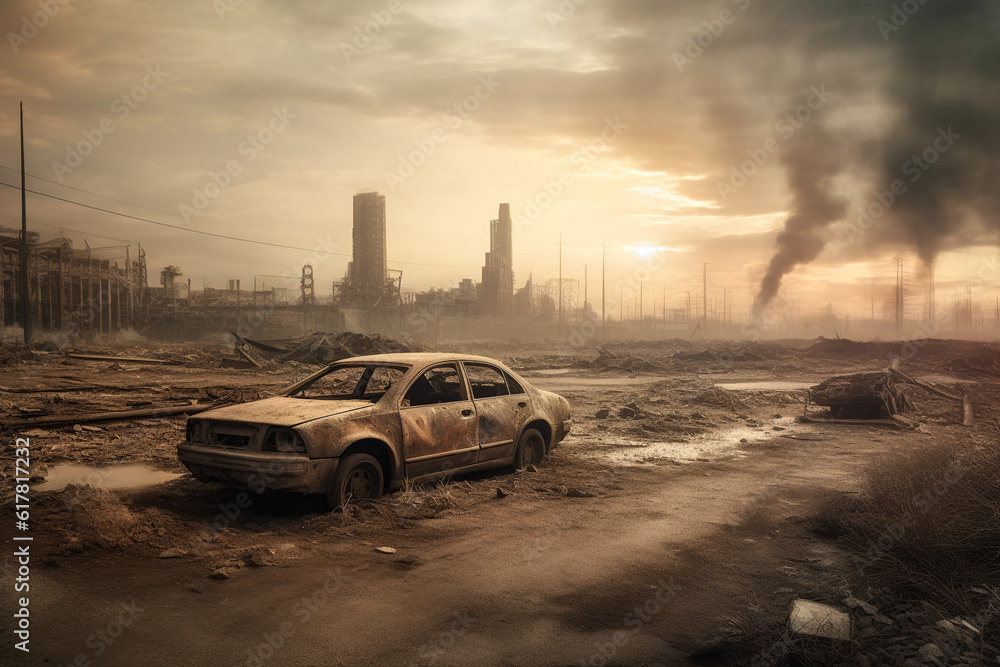 Generative AI illustration of post apocalyptic scenery with damaged car ...