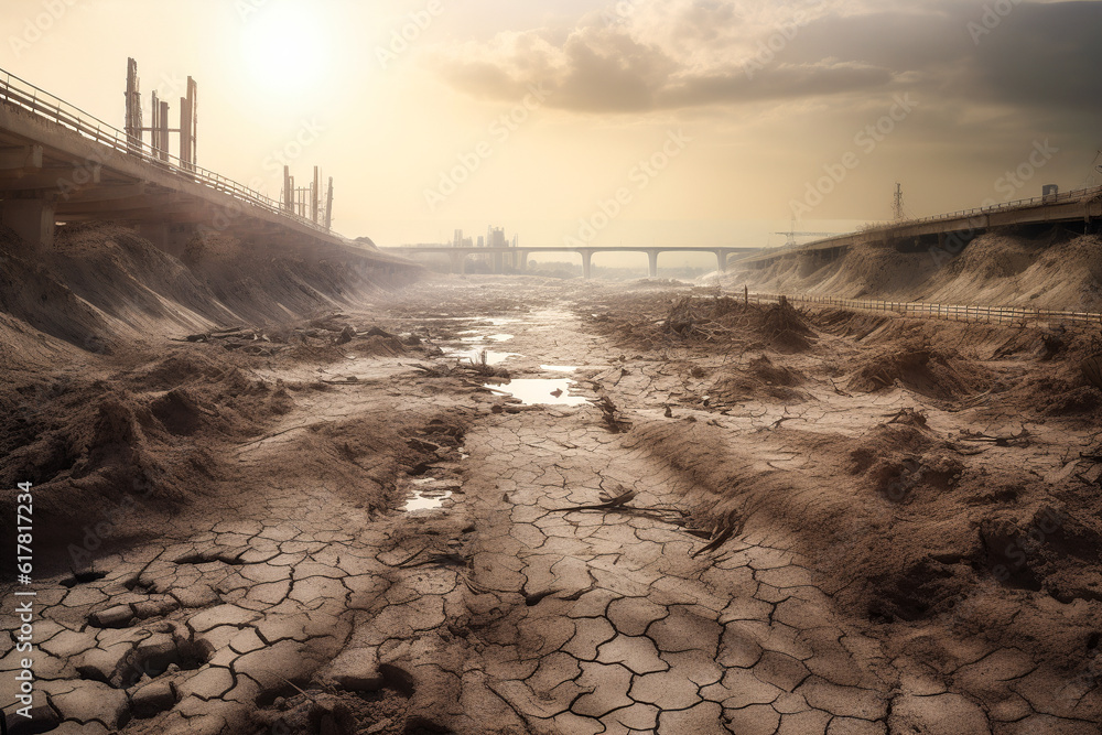 Generative AI illustration of dried river bottom in post apocalyptic ...