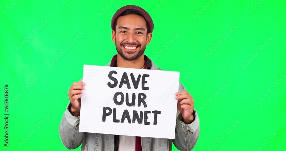 Man, face and protest with billboard by green screen, justice and ...