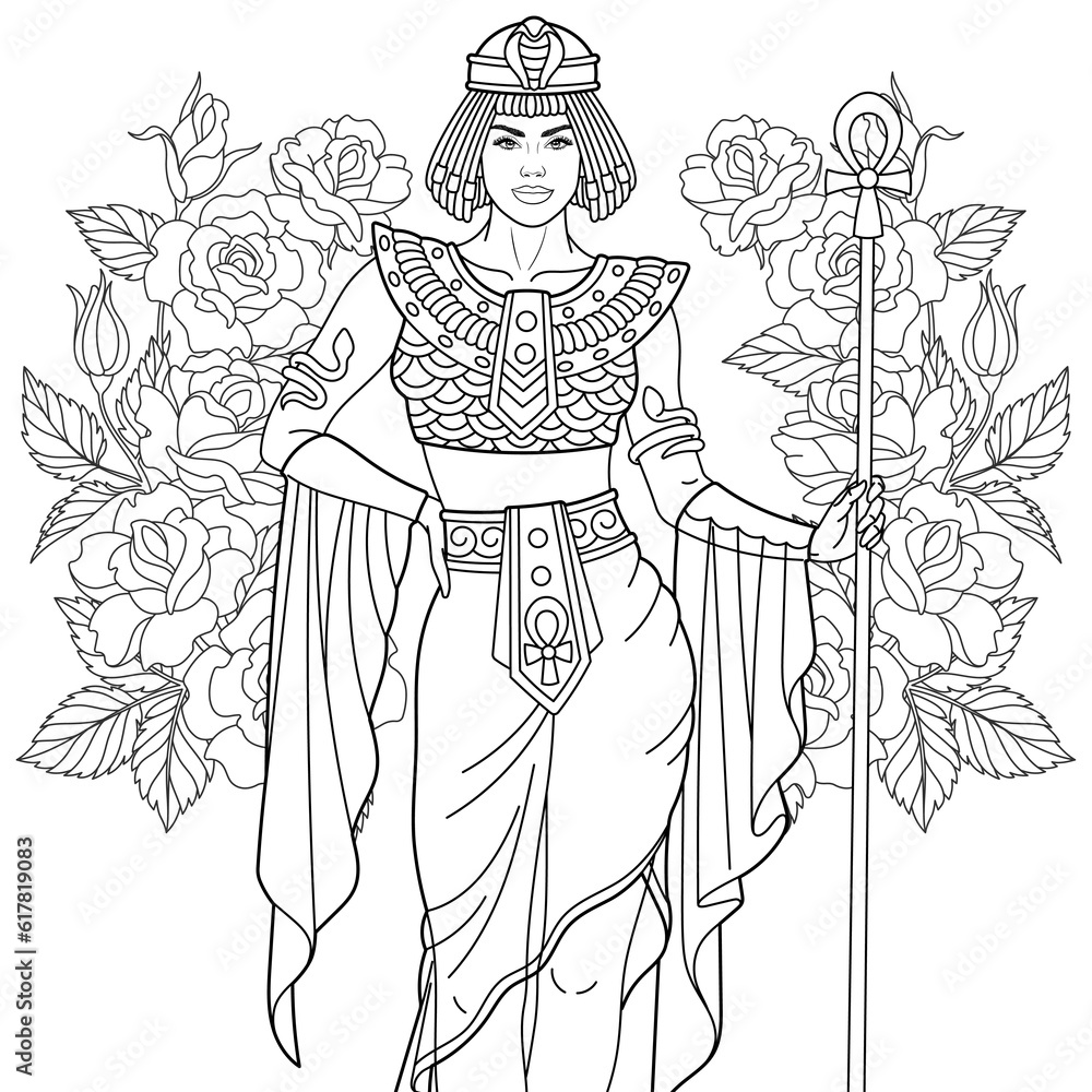 Beautiful ancient woman with rose flowers. Adult coloring book page ...