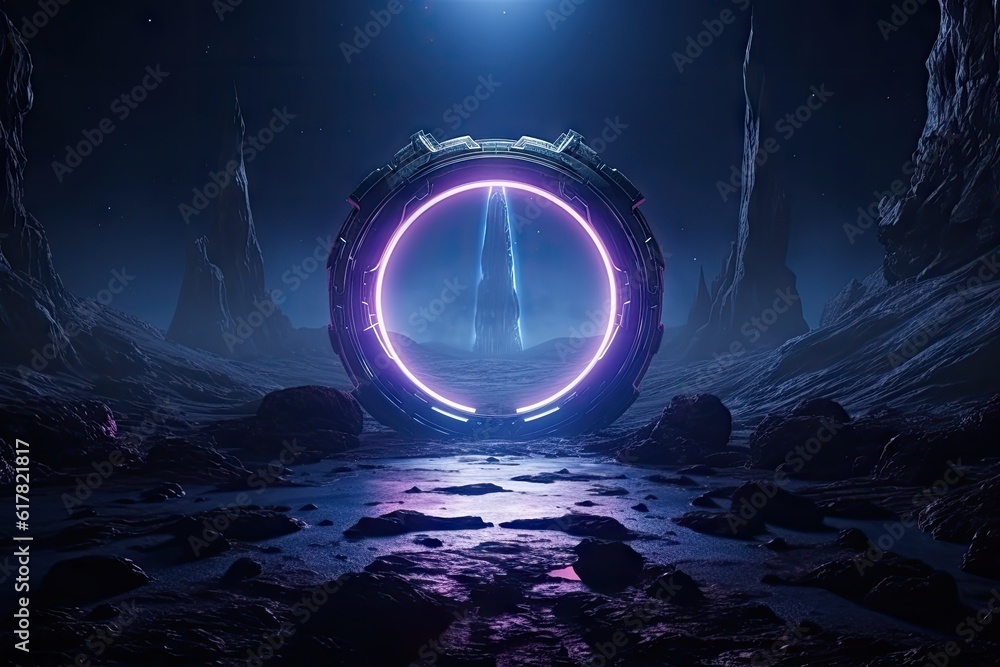 Abstract portal stone gate with neon glowing light in the dark space ...