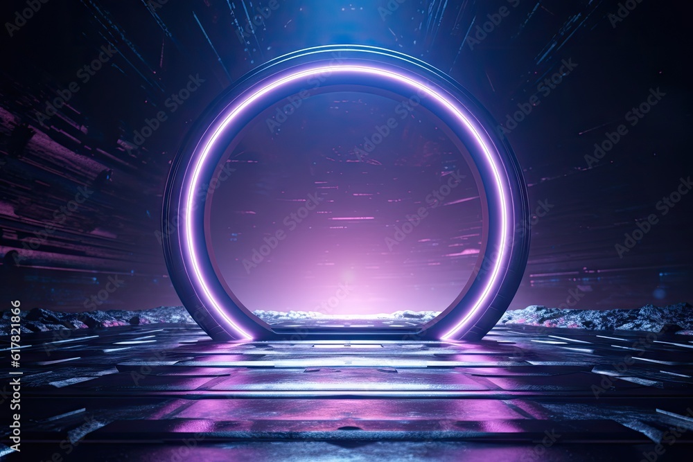 Abstract portal stone gate with neon glowing light in the dark space ...