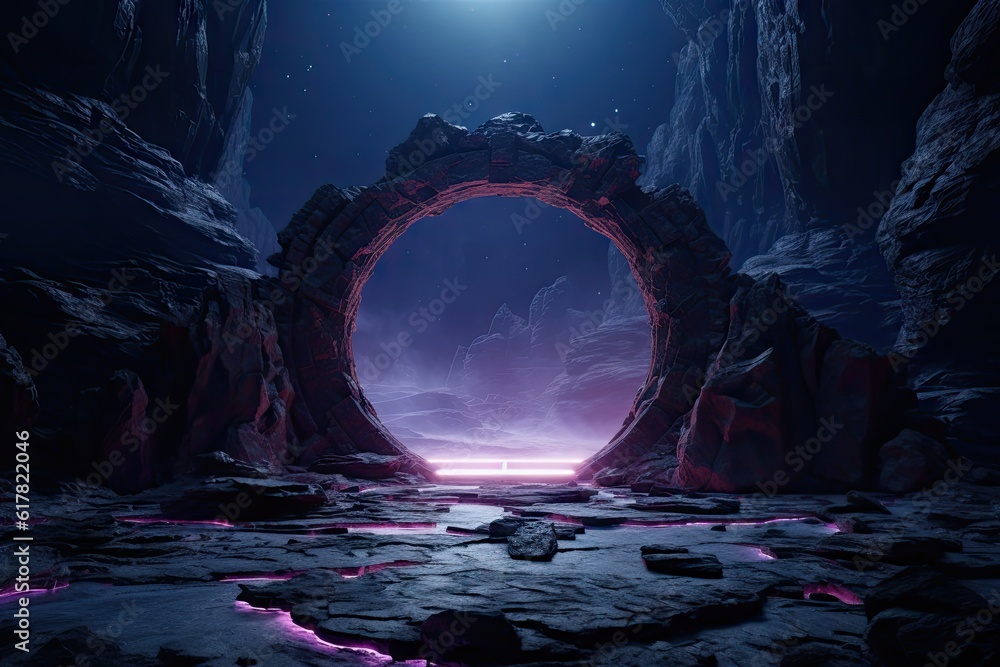 Abstract portal stone gate with neon glowing light in the dark space ...