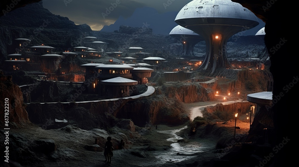 Dark sci-fi futuristic city in an alien world with noir environment ...