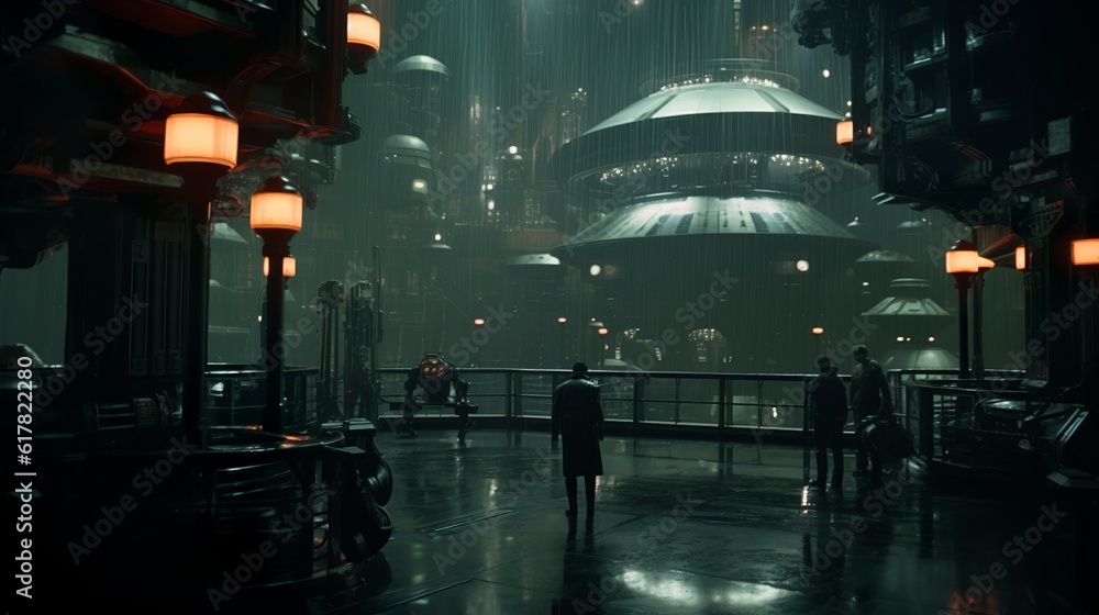 Dark sci-fi futuristic city in an alien world with noir environment ...