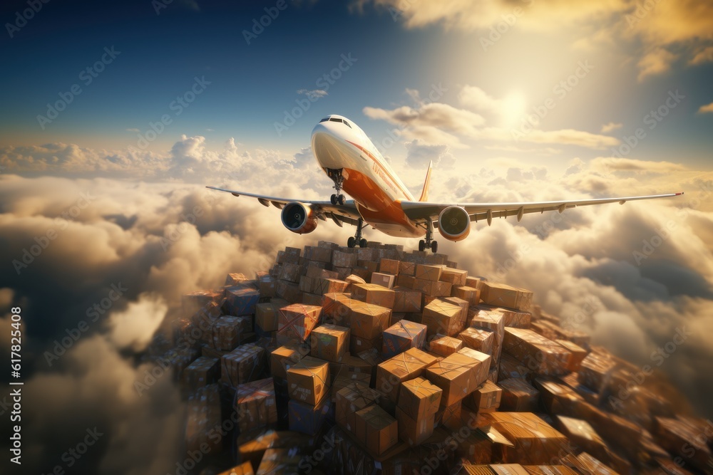 Global logistic. Airplane and parcel box, Concept of air delivery ...