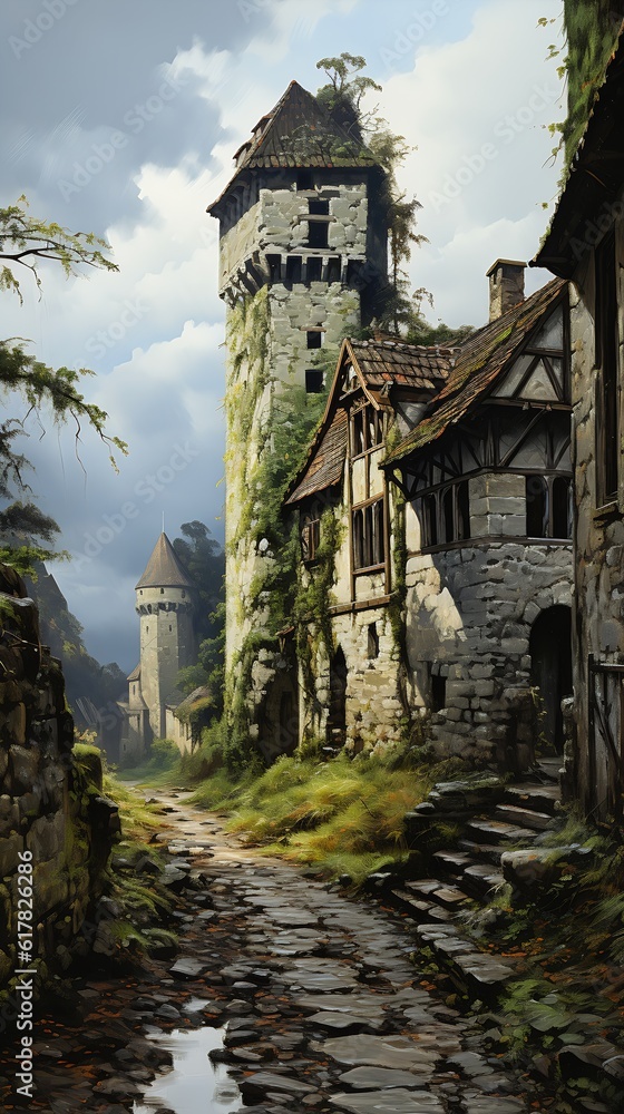 medieval village castle background mossy buildings inhabited levels ...