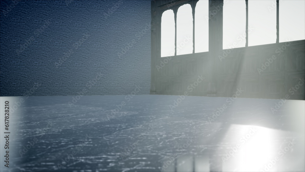 Cinematic surreal 3d rendered shot of a table in a giant hall with sun ...