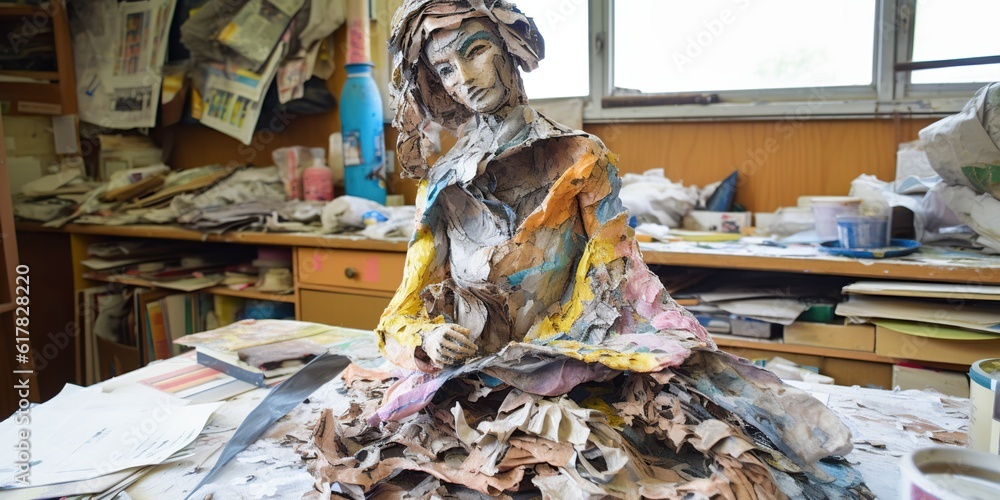 A partially completed paper mache sculpture surrounded by strips of ...