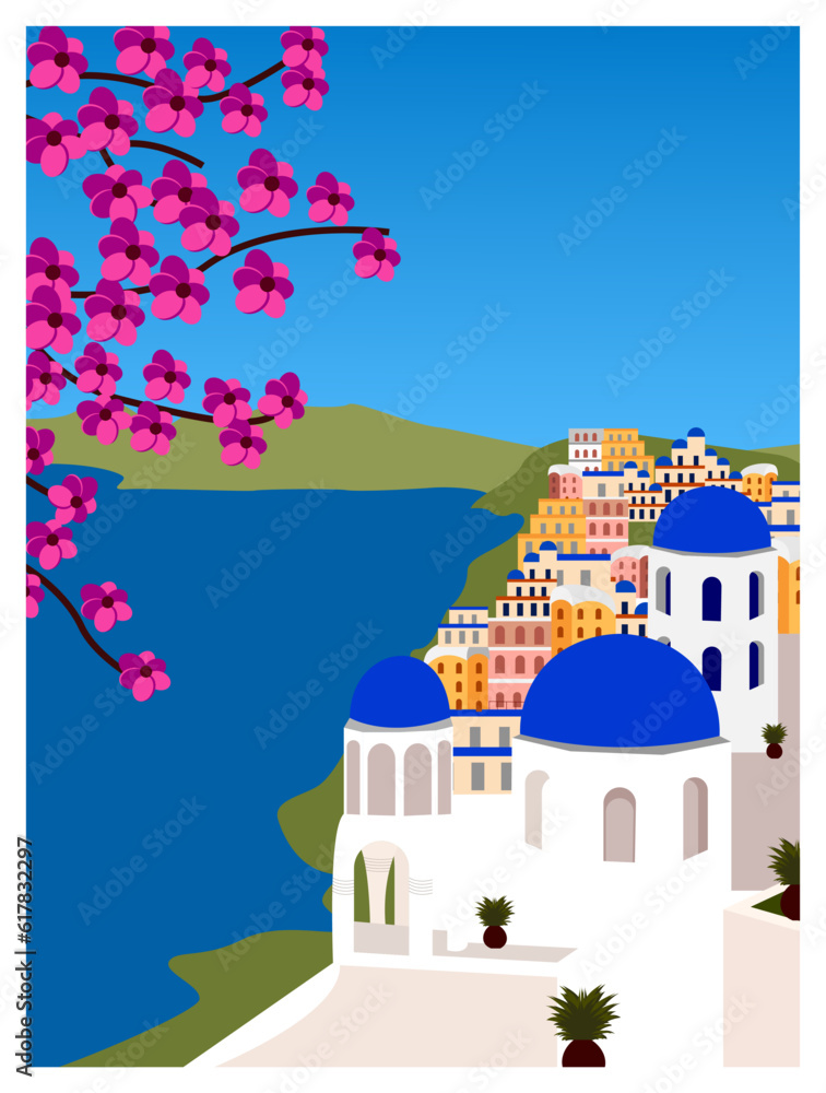 Greece Santorini Poster Travel, Greek white buildings with blue roofs ...