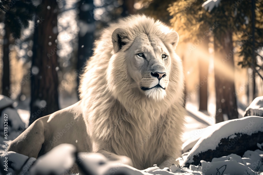 Arctic White Snow Lion sitting in a snowy forest intense eyes cinematic facing camera incredibly ...