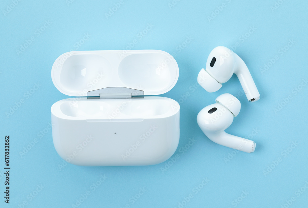 Headphones Apple Air Pods Pro 2 with Wireless Charging Case on blue ...