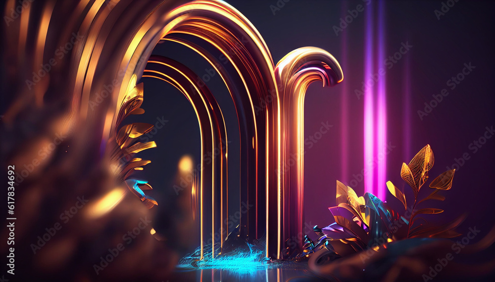 abstract Modern background with gold PINK blue glowing neon Plants and ...