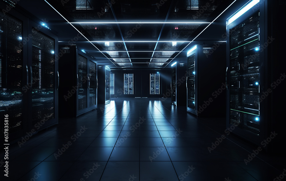 Dark servers data center room with computers and storage systems ...