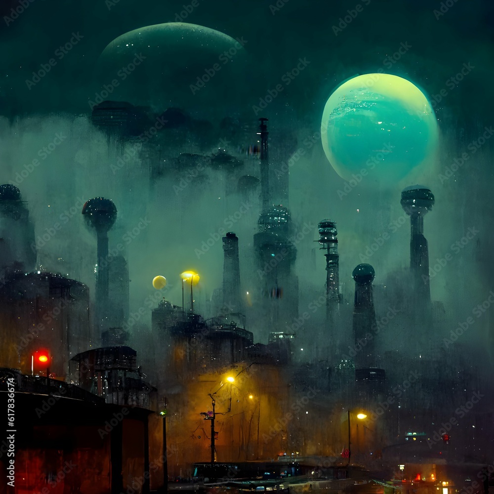 distant oddworld planet ledge looking at dystopian futuristic ...