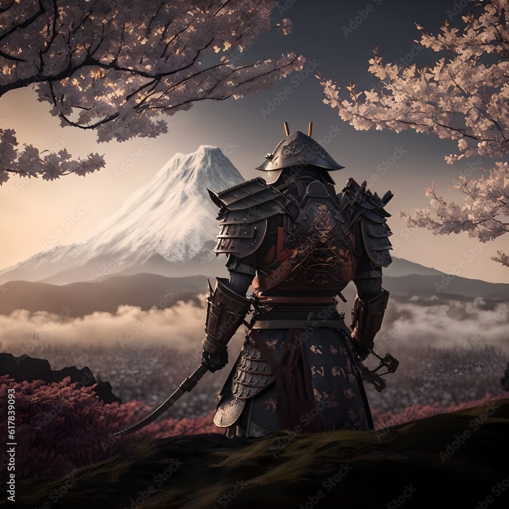 a heavy armored and battlescarred samurai standing on a hill next to a ...