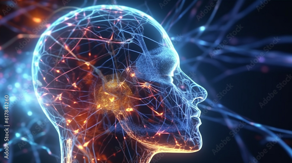 Human head with glowing neurons in brain. Esoteric and meditation ...