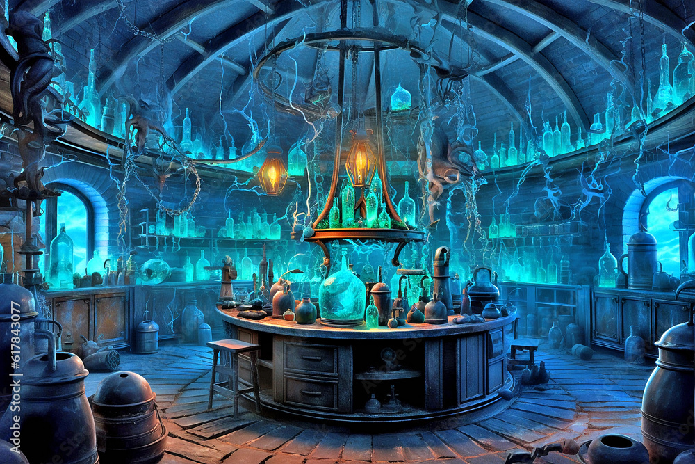 Alchemist's office with laboratory fixtures, magic room in fantasy ...
