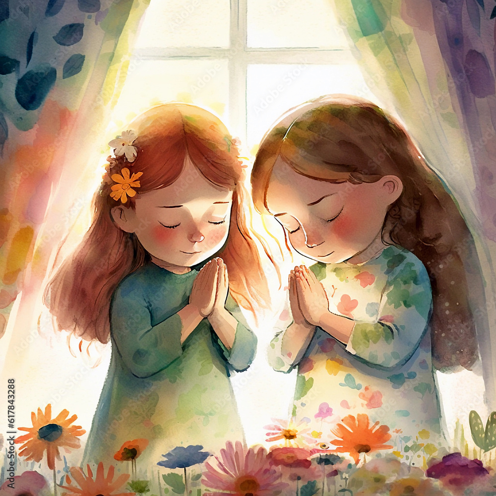 Two little cartoon girls praying together. Watercolor painting ...