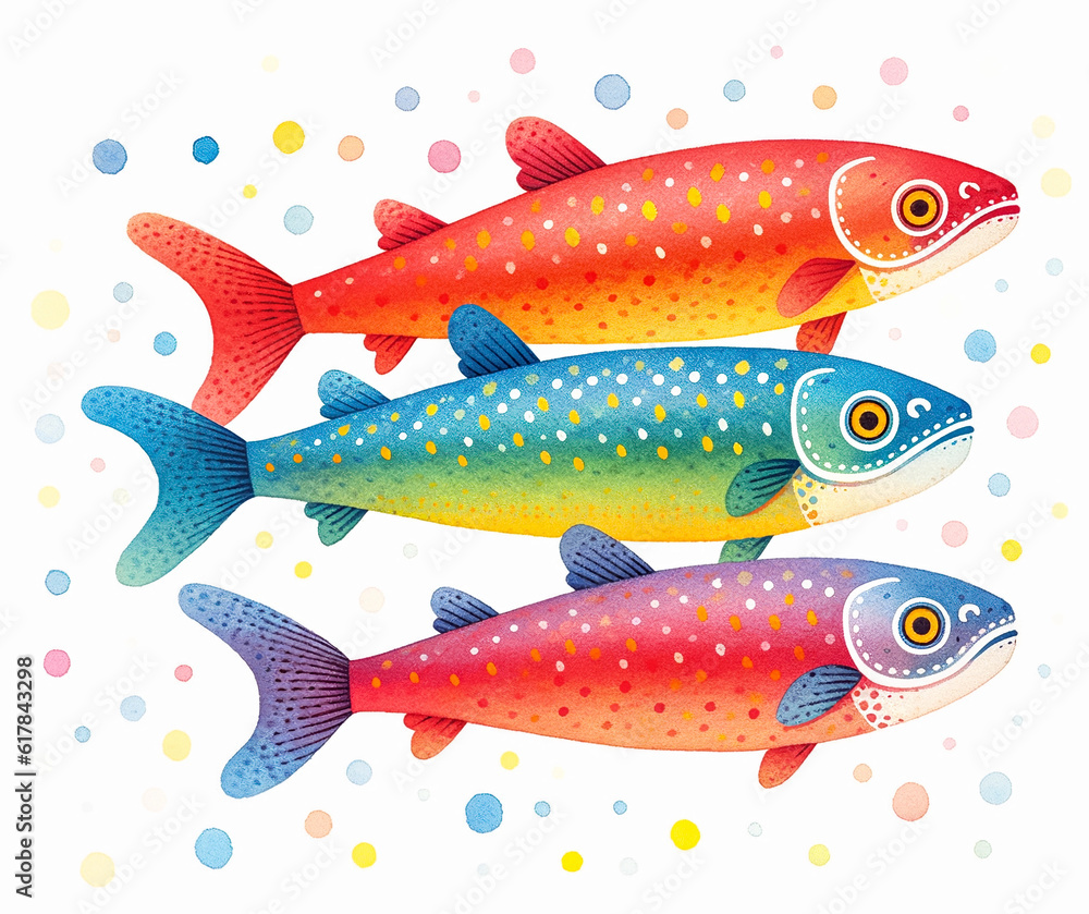Colorful rainbow trout on a white background. Cartoon watercolor ...