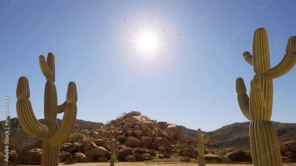 Hungry birds soaring high in front of the scorching sun above a dry and desolate desert ...