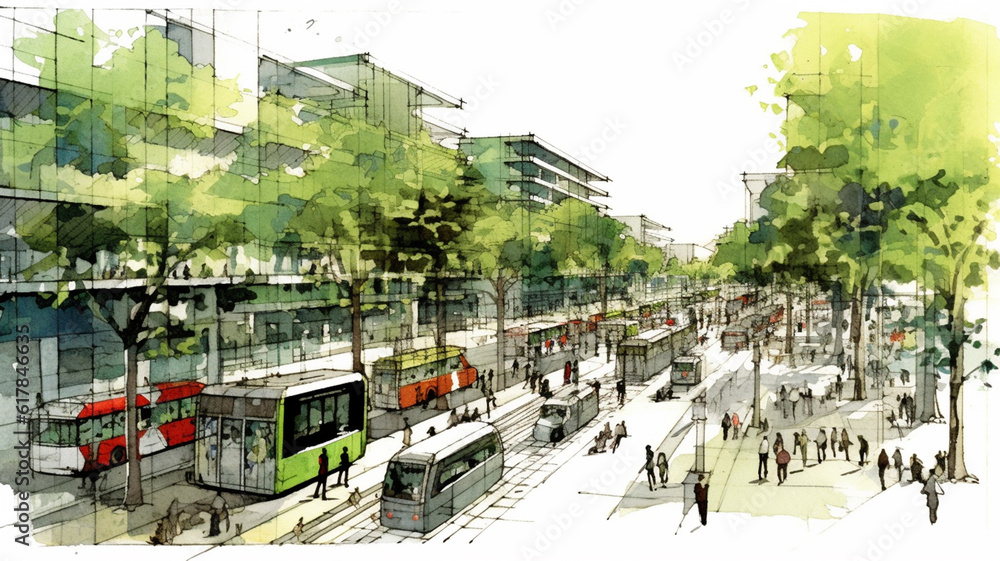 Urban planning sketch highlighting sustainable elements like green ...