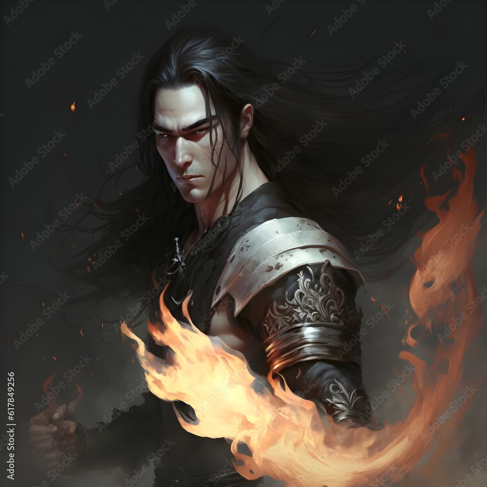 Young man pushed back dark long hair wearing offshoulder black and ...