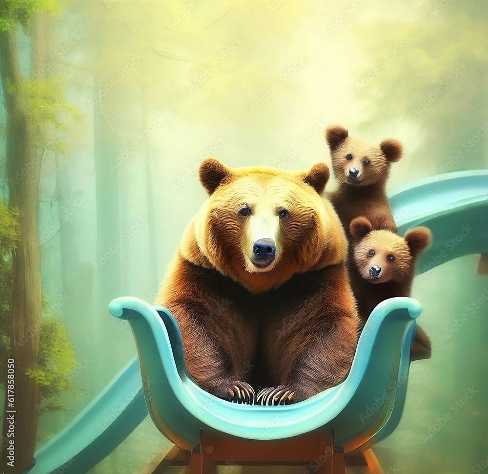 Mother bear and two bear cubs riding a roller coaster at an amusement ...