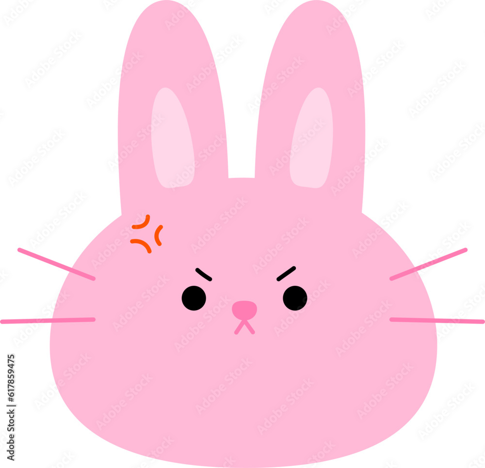 Cute pink angry bunny face emoticon isolated on a white background ...