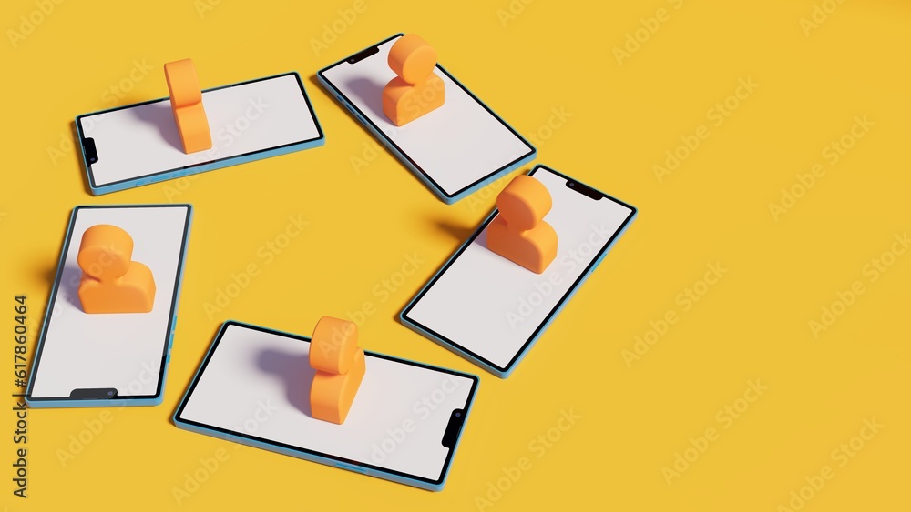 Five mobile phones with user icons are grouped in the shape of a circle ...