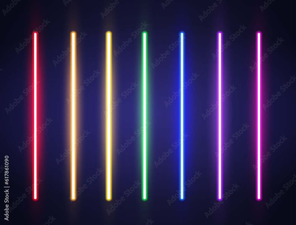 Neon lines set. Rainbow borders. Realistic led neon tube. Color laser ...