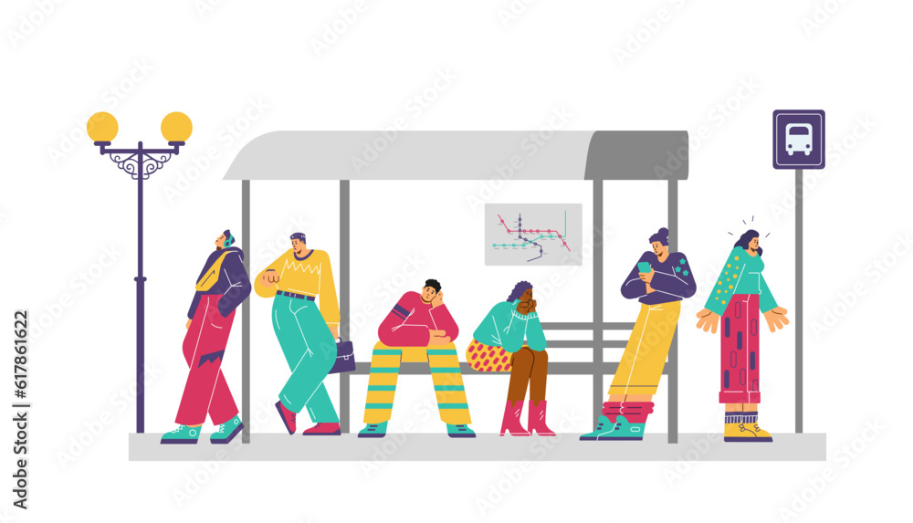 Frustrated people waiting for public transport on bus stop, flat vector ...