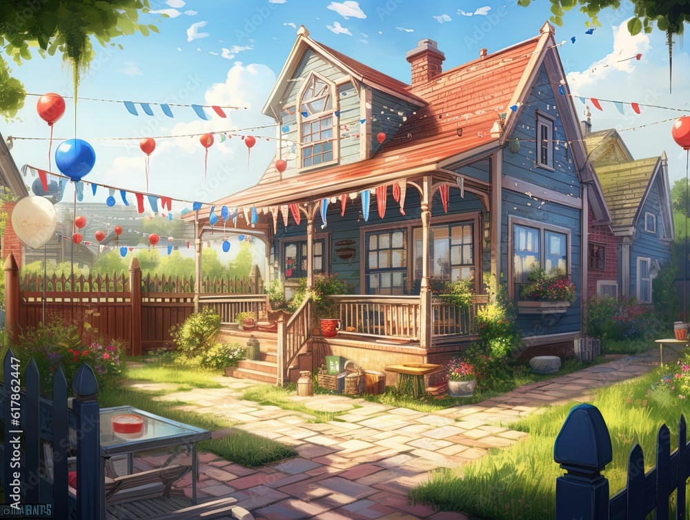 Backyard decorated with balloons and bunting in cartoon style, backyard ...