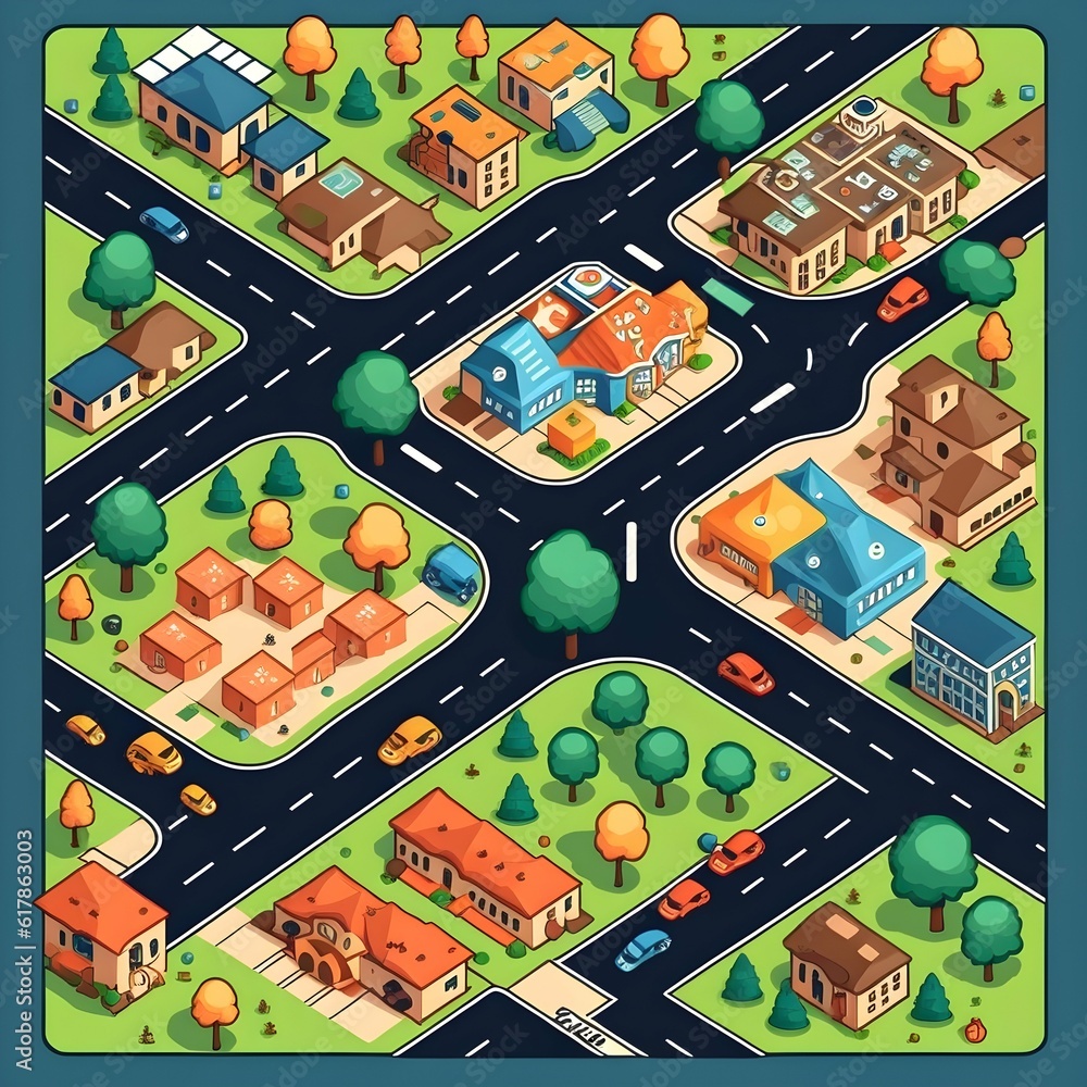 create a 4 simple cartoon 2D top view road map on city around buildings ...