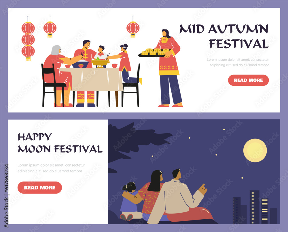 Vector set banners Asian family enjoy celebrate mid autumn festival ...