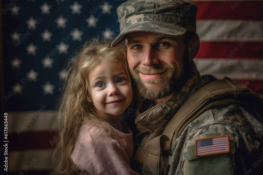 Affectionate military reunion between father and daughter, happy ...