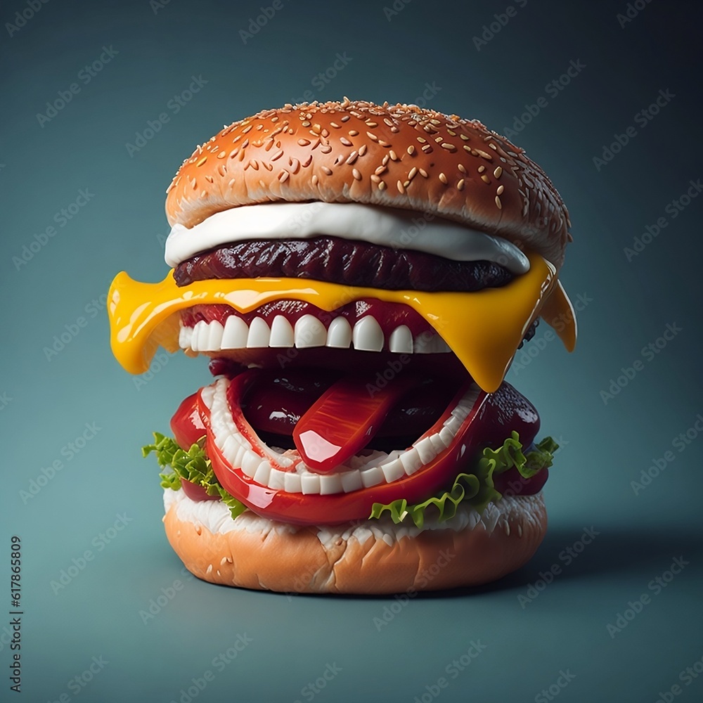 Hamburger with mouth and teeth, hamburger con bocca, denti e lingua ...