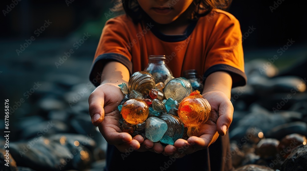 Child's hands full of plastic, Hands of young boy holding a bunch of ...