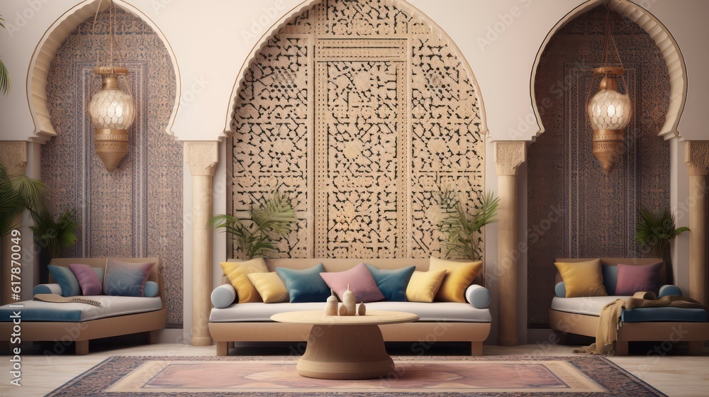 Arabic,Islamic style living room interior design with arch and arabic ...