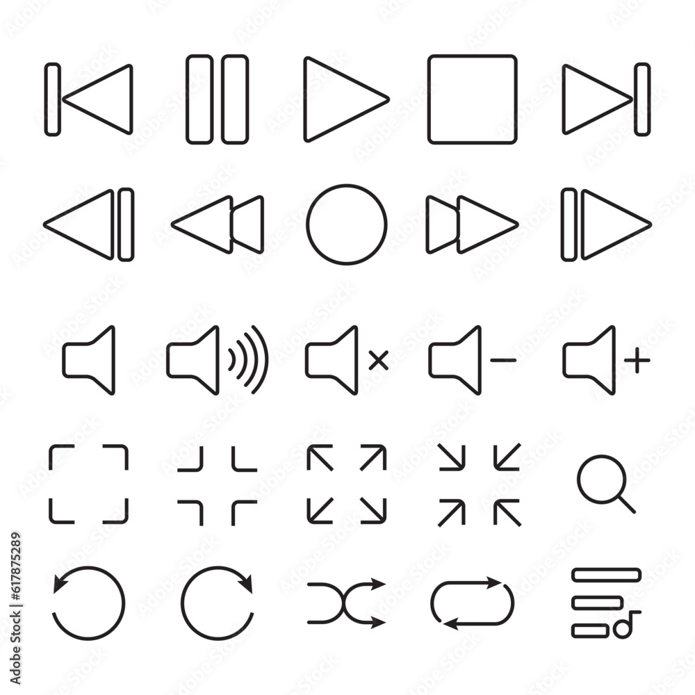 Media Player icon set, Buttons multimedia interface, Music, audio, stop ...