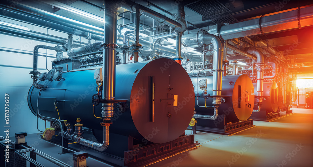 Interior of modern industrial boiler room - large metal tanks and pipes ...