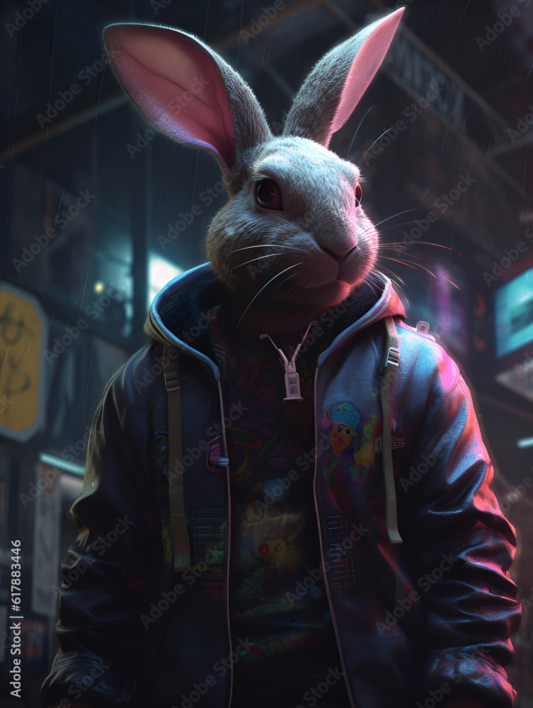 Rabbit humanoid robot posing in a dark leather jacket. Cyberpunk ...