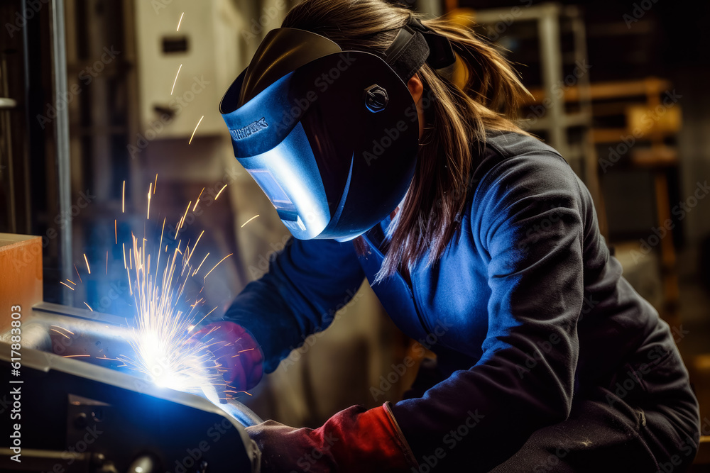 Woman in welding helmet working on piece of metal in workshop, sparks ...