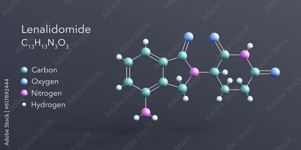 lenalidomide molecule 3d rendering, flat molecular structure with ...