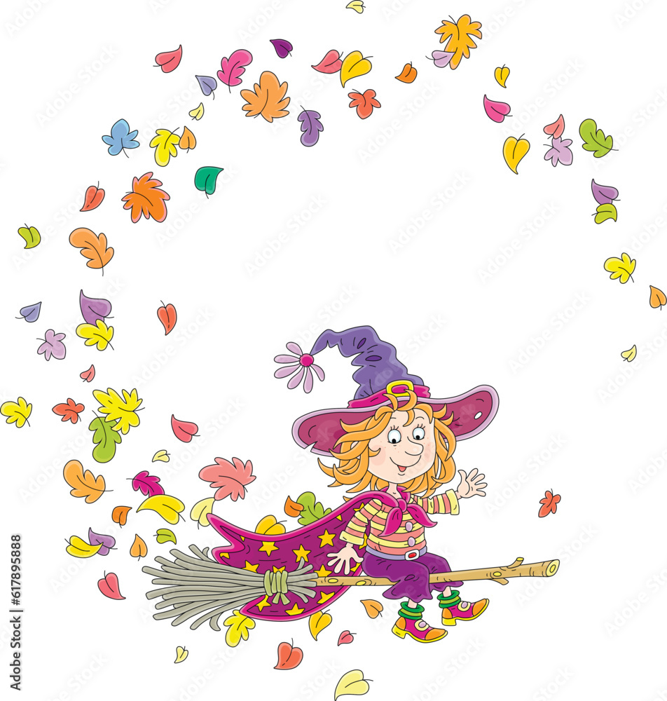 Happy little witch with a big hat and a cloak with stars flying on her ...